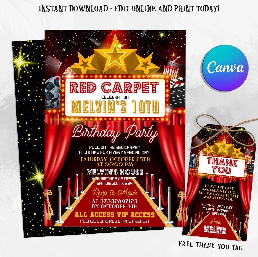 Editable Red Carpet Invitation, Red Carpet Birthday Party Invitation ...