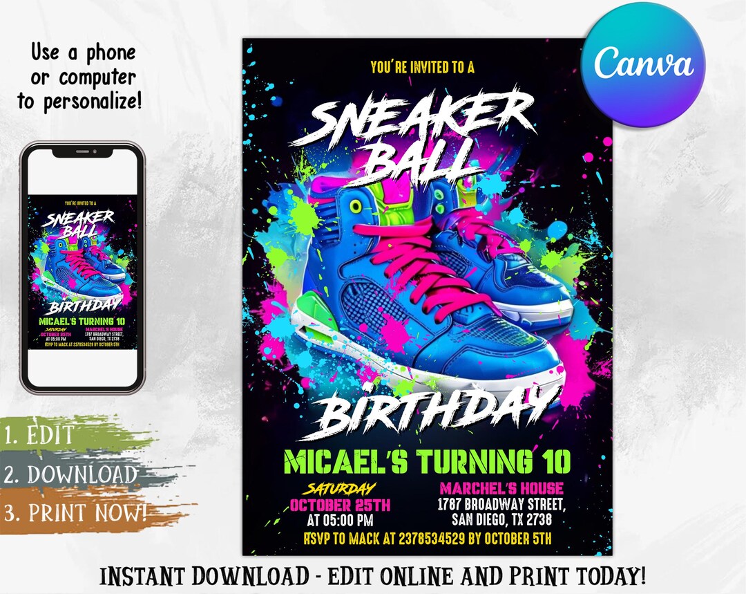 Sneaker Ball Birthday Invitation, Neon Sneaker Graffiti Invitation ...