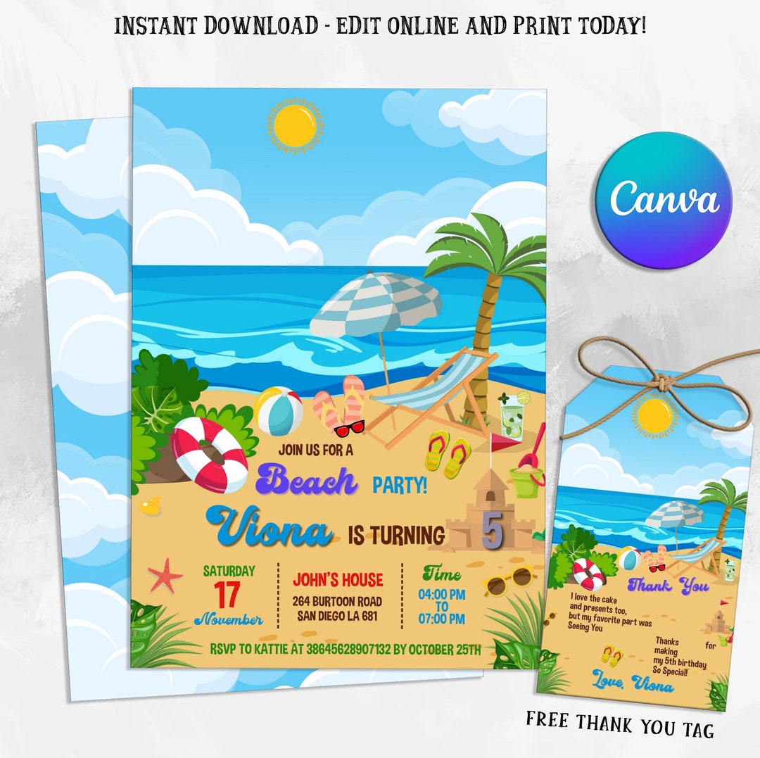 Beach Birthday Party Invitation, Ocean Birthday Party Template, Surver ...