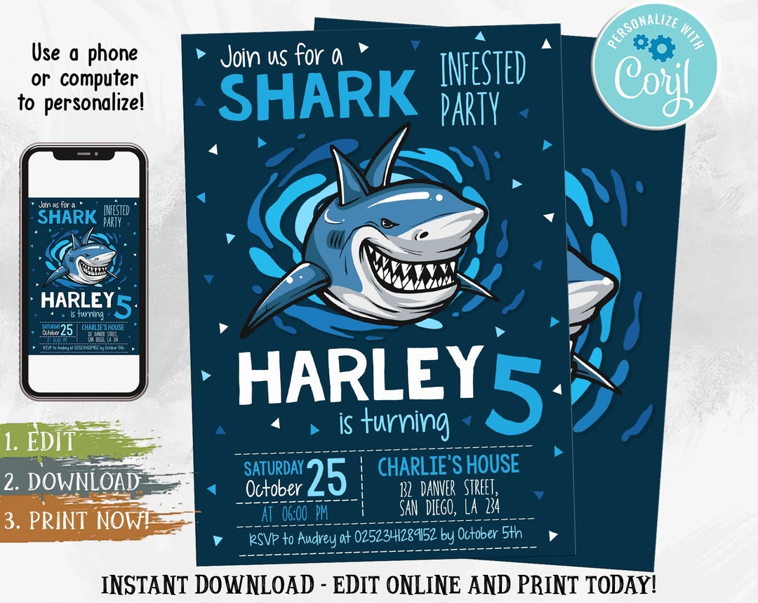 Editable Shark Birthday Invitation Shark Invites Shark Party - Etsy
