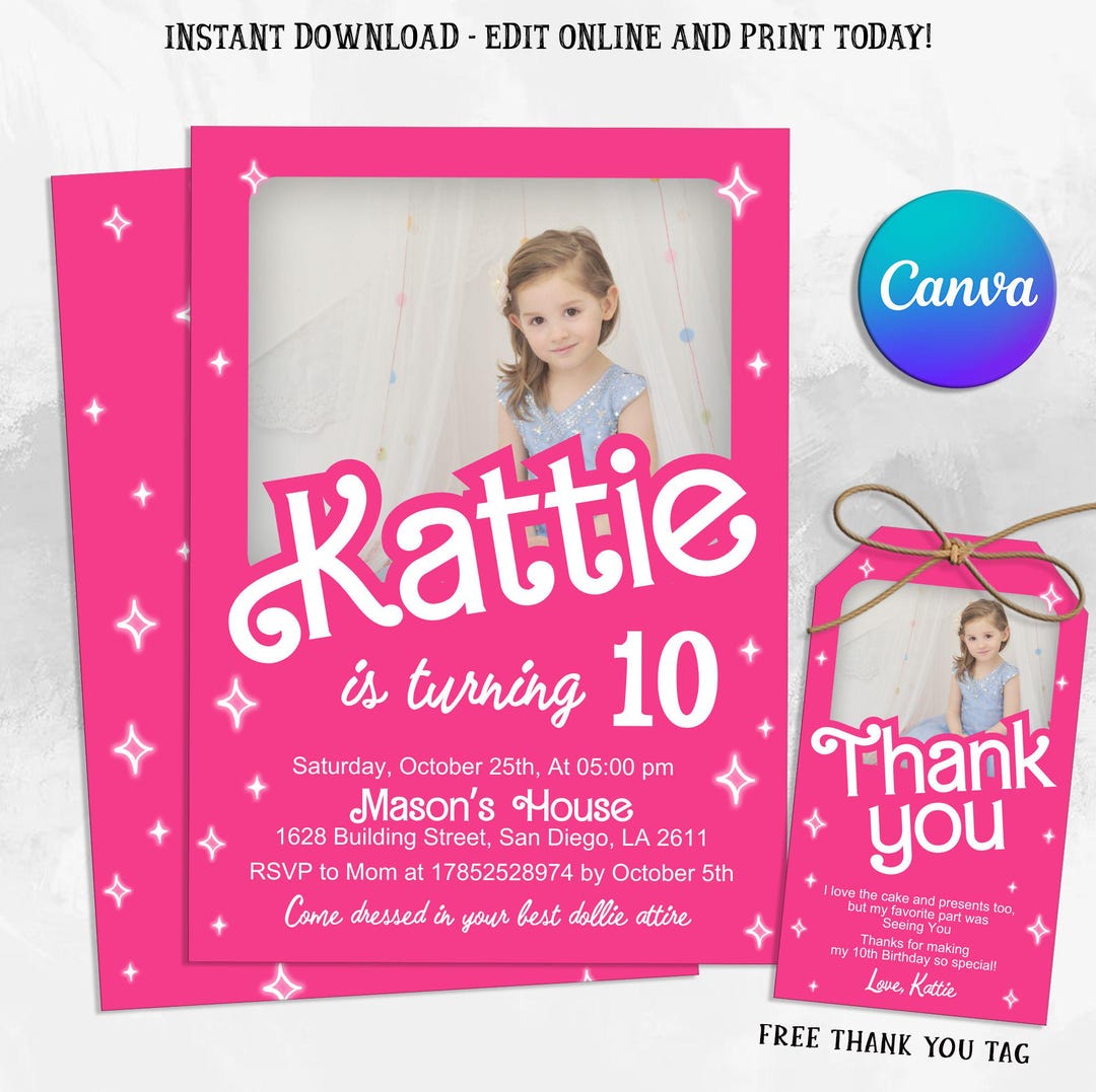 Editable Hot Pink Invitation, Hot Pink Doll Birthday Party Invite, Girl ...