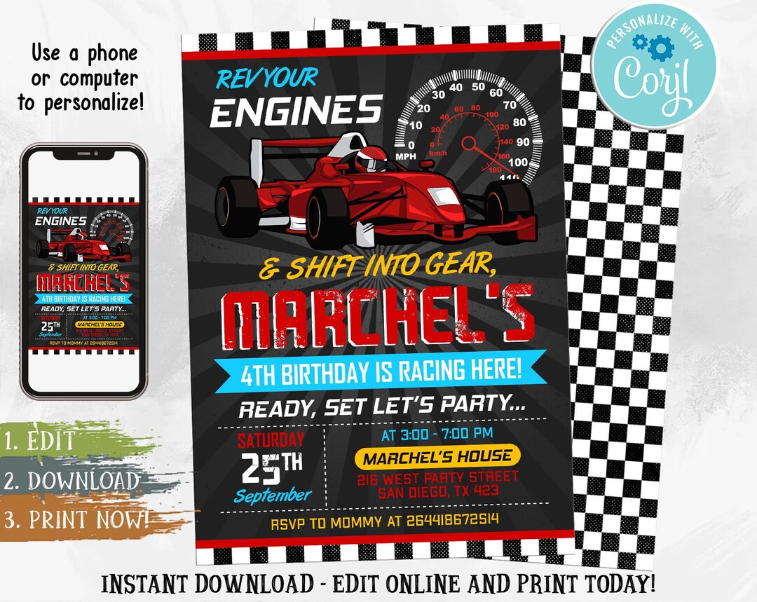 Race Car Invitation, Race Car Birthday Invitation, Racing Car Birthday ...