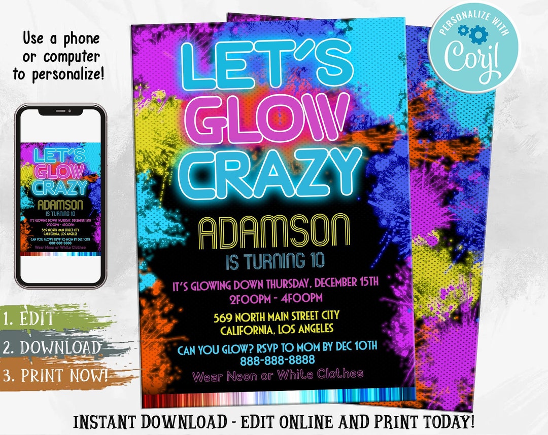 Editable Glow Invitation, Glow Birthday Invitation, Glow Party Invite ...