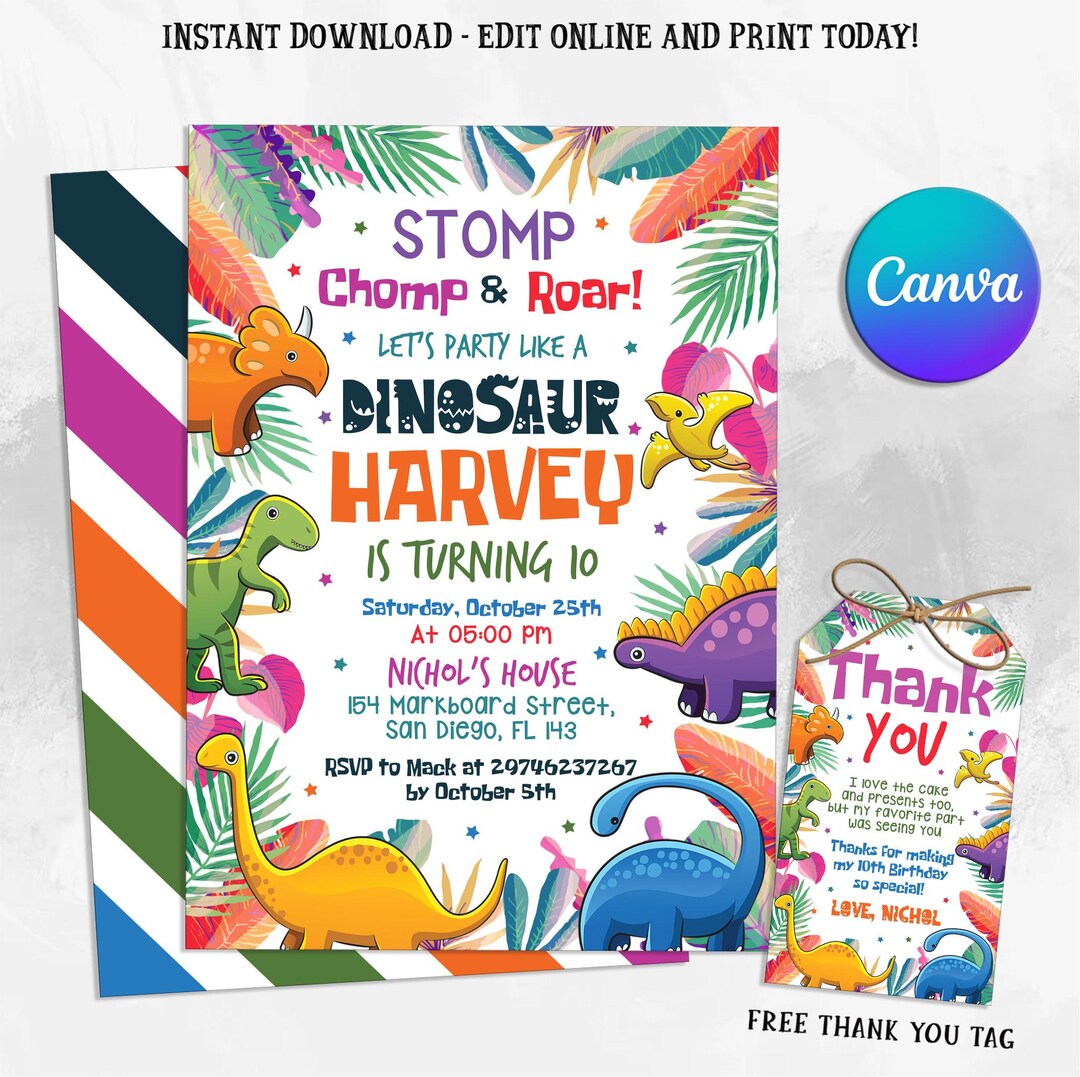 Dinosaur Birthday Party Invitation Template, Jurassic T-rex Editable ...