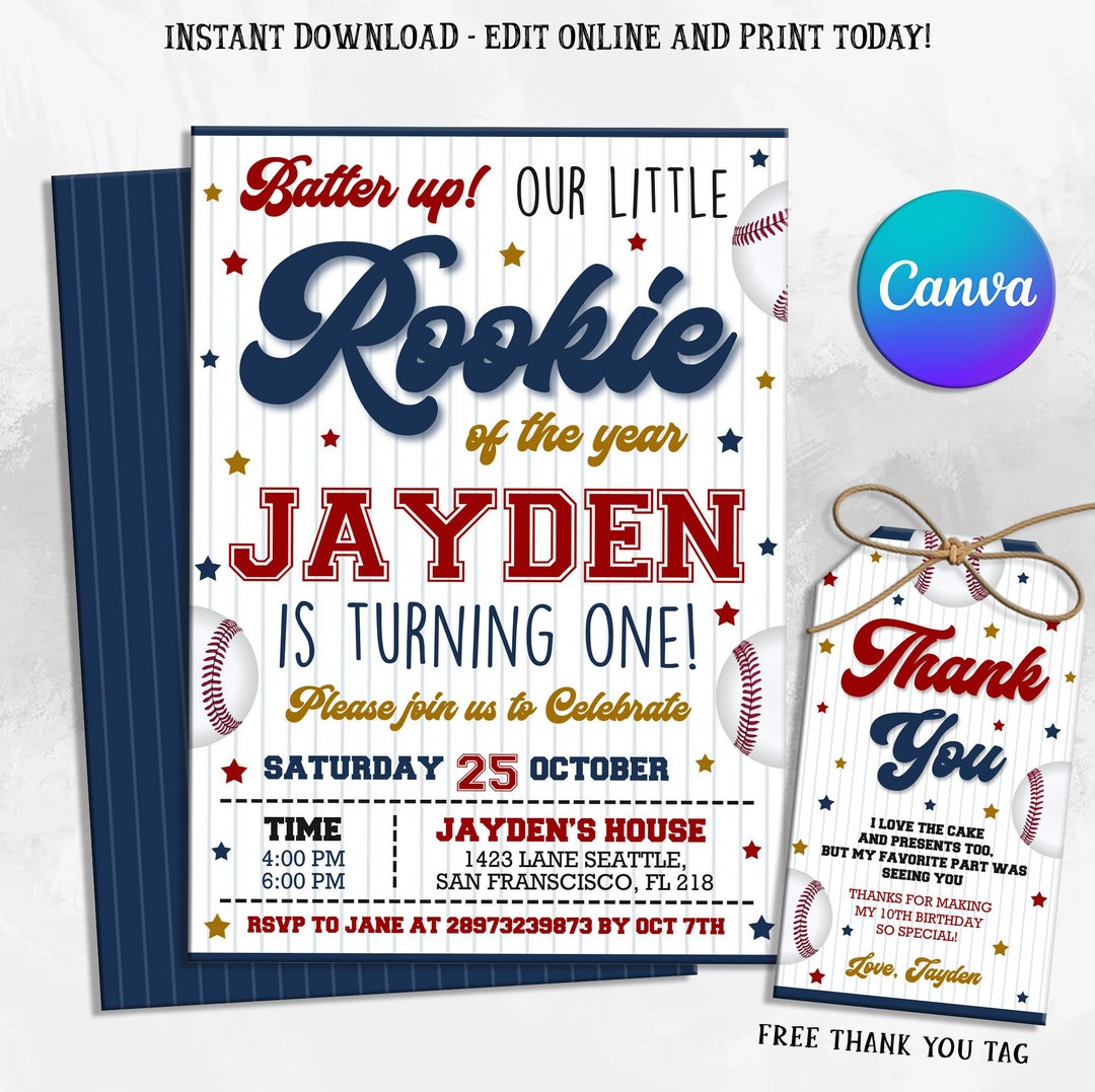 Rookie of the Year First Birthday Invitation, Editable One Boys ...