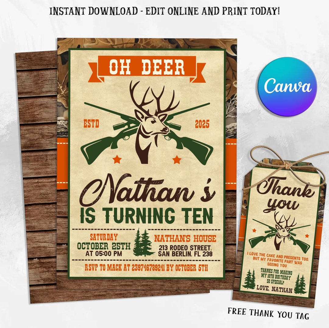 Editable Hunting Invitation, Hunting Birthday Party Invitation, Deer ...