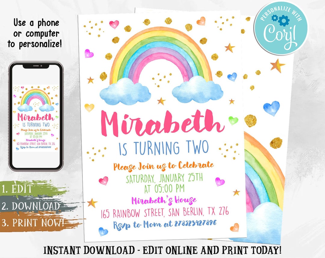 Editable Rainbow Invitation, Rainbow Birthday Party Invitation, Magical ...
