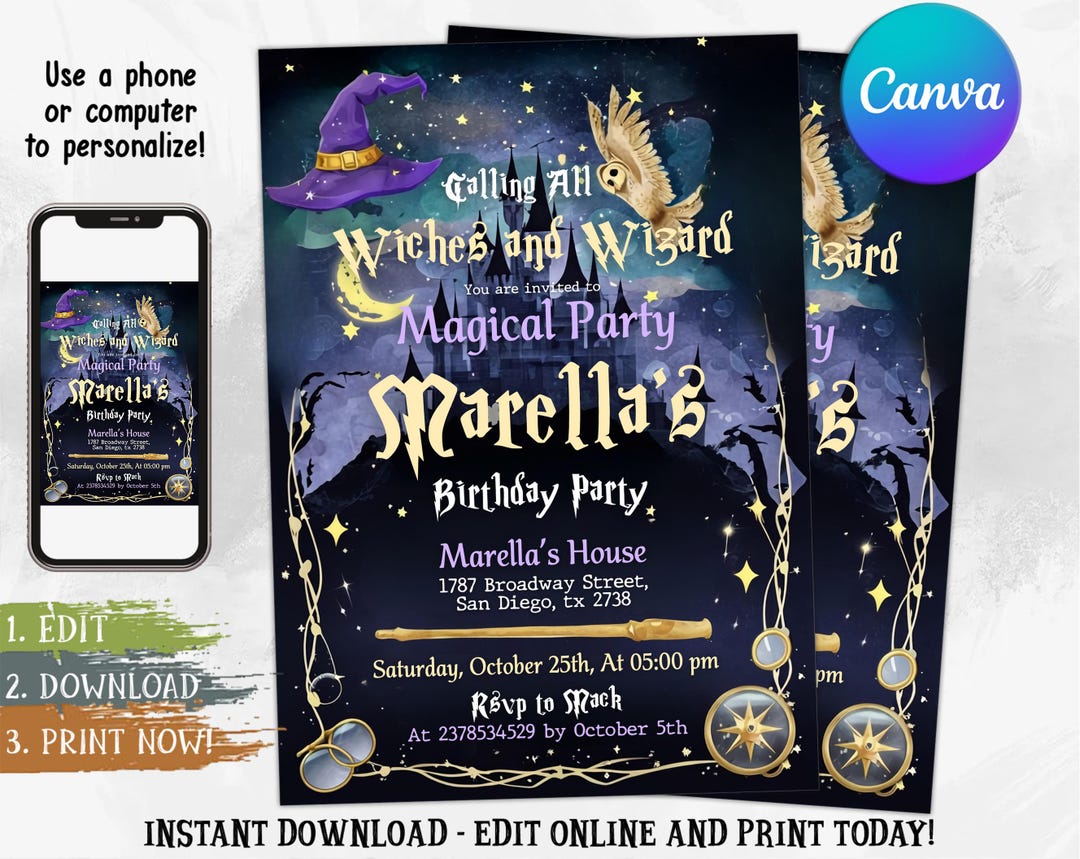 Editable Magical Birthday Invitation, Wizards Witches Birthday ...
