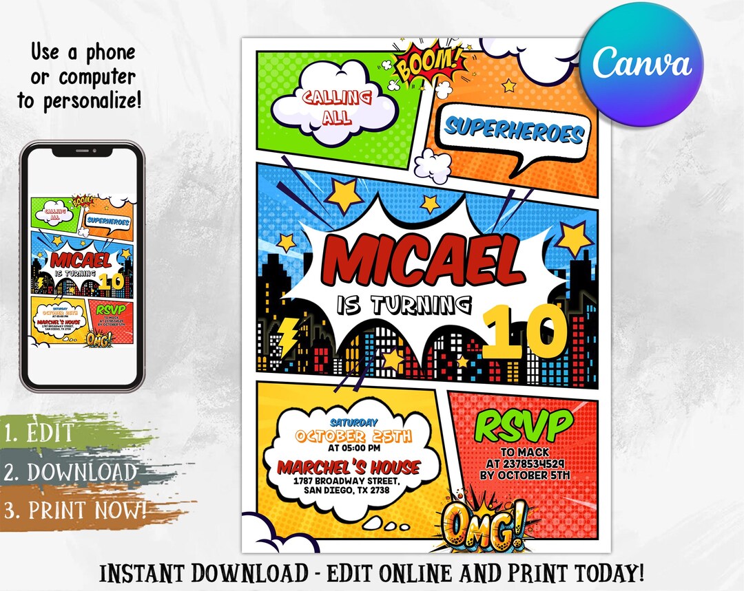 Superhero Birthday Invitation, Comic Book Invitation, Superheroes Party ...