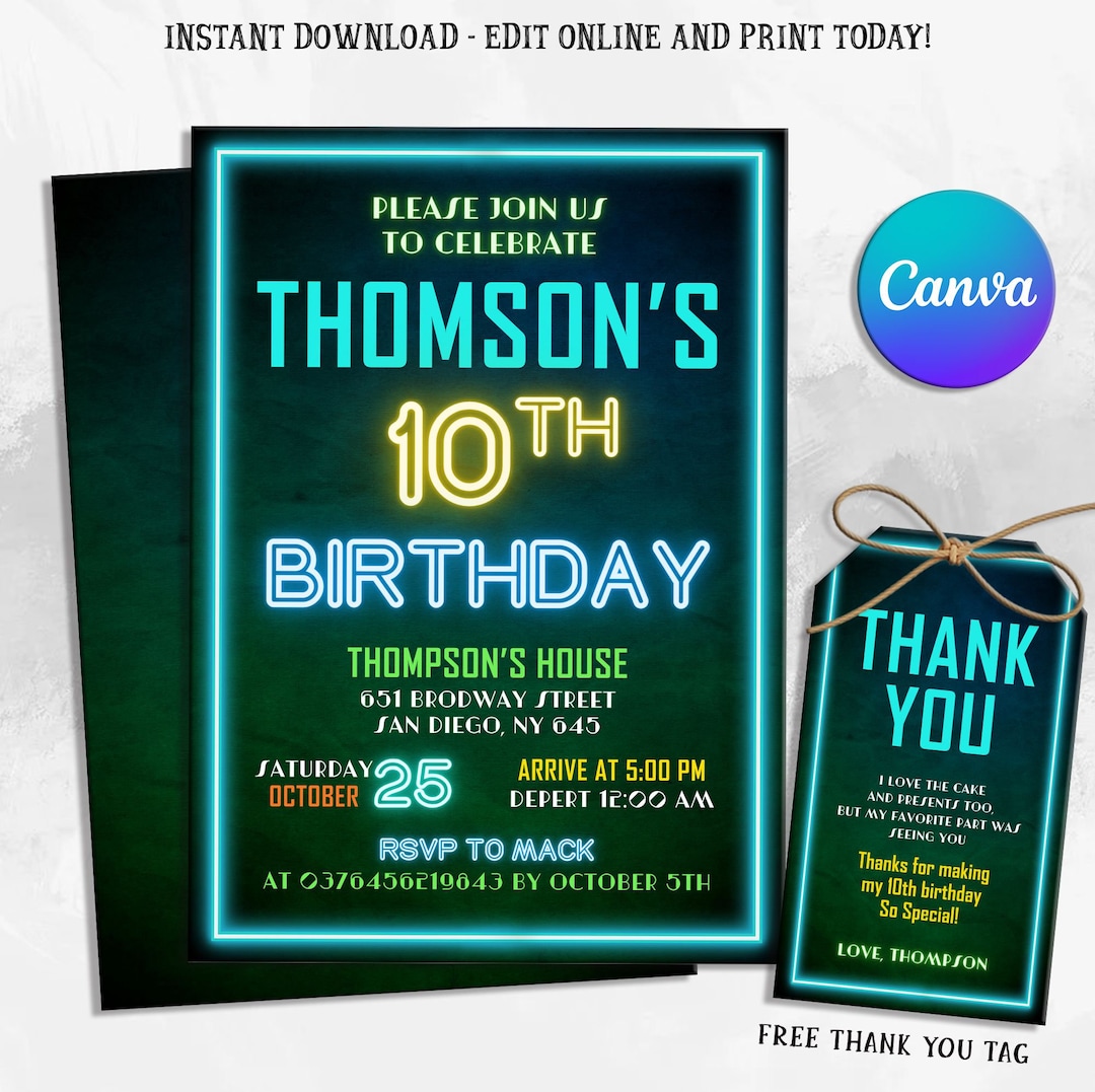 Editable Neon Invitation, Neon Birthday Party Invitation, Neon Glow ...