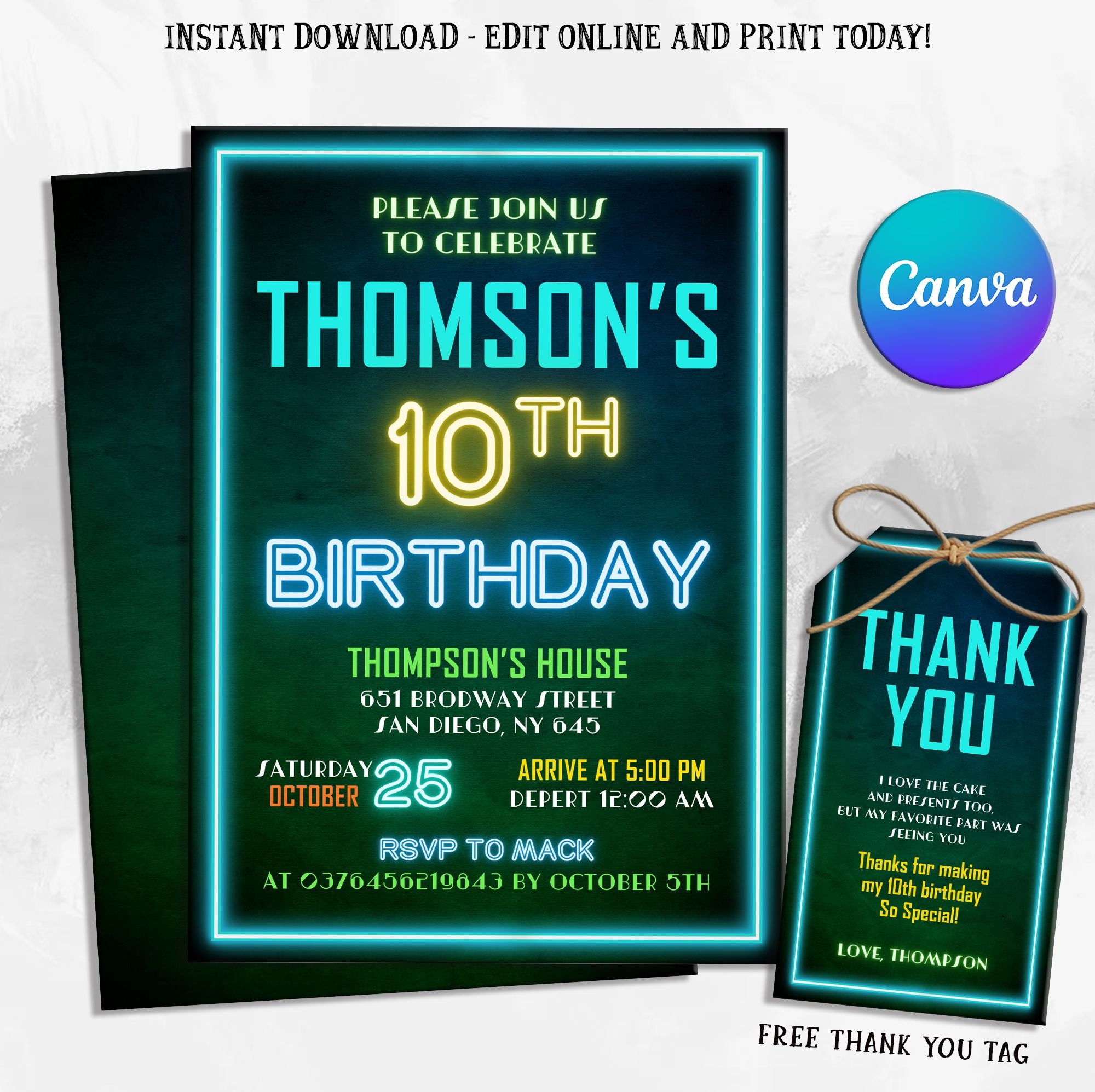 Editable Neon Invitation Neon Birthday Party Invitation Neon - Etsy