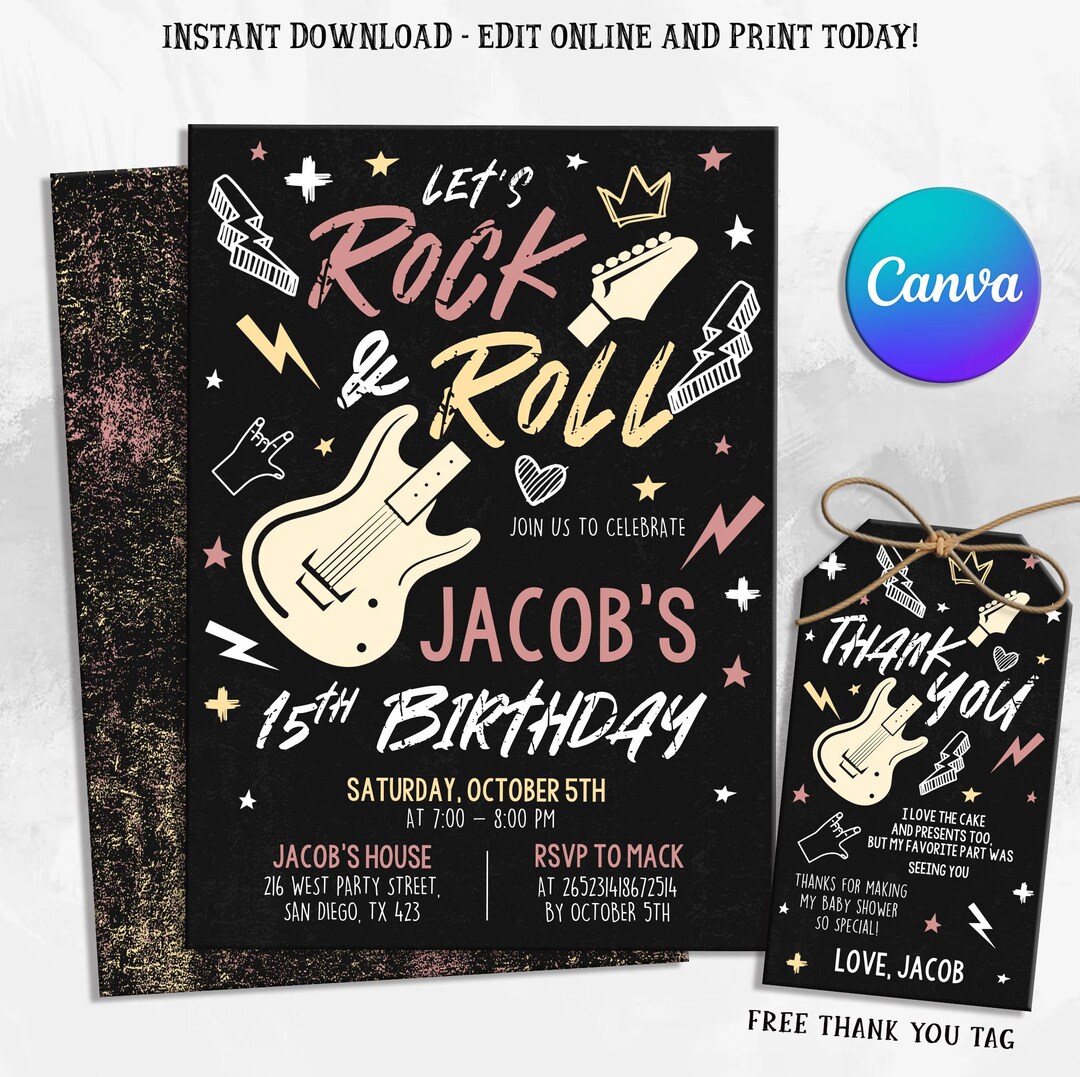 Rock 'n Roll Birthday Invitation, Rock Star Party Invitation, Rock ...