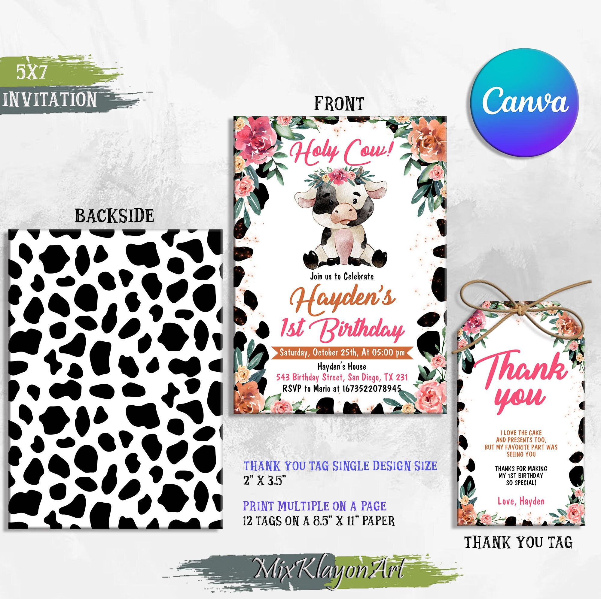 Holy Cow Birthday Invitation, Cow Party Invite Template, Printable Girl ...