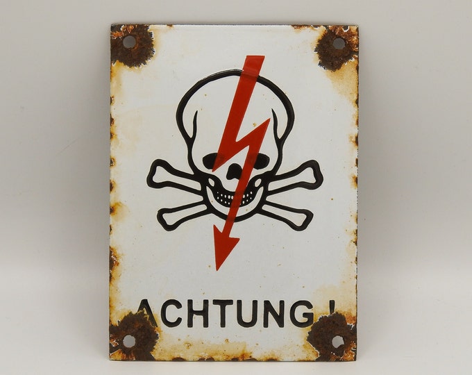 Vintage German Achtung! Porcelain Sign With Skull and Lightning Bolt ...
