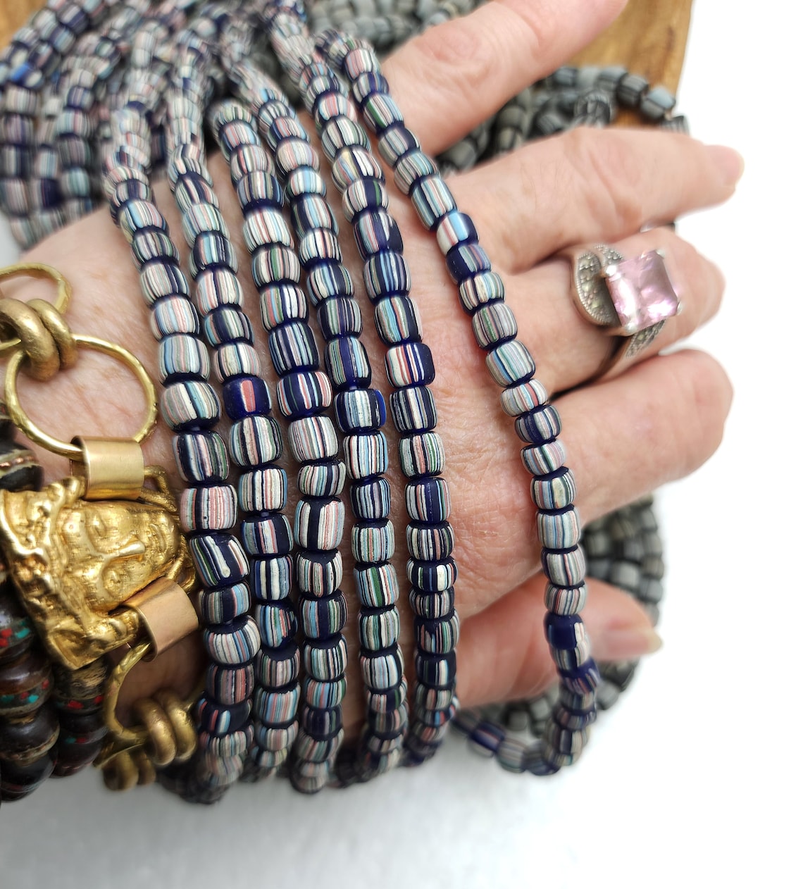 Full Strand 23" Venetian Style Currant Beads / Small Striped Java Beads ...