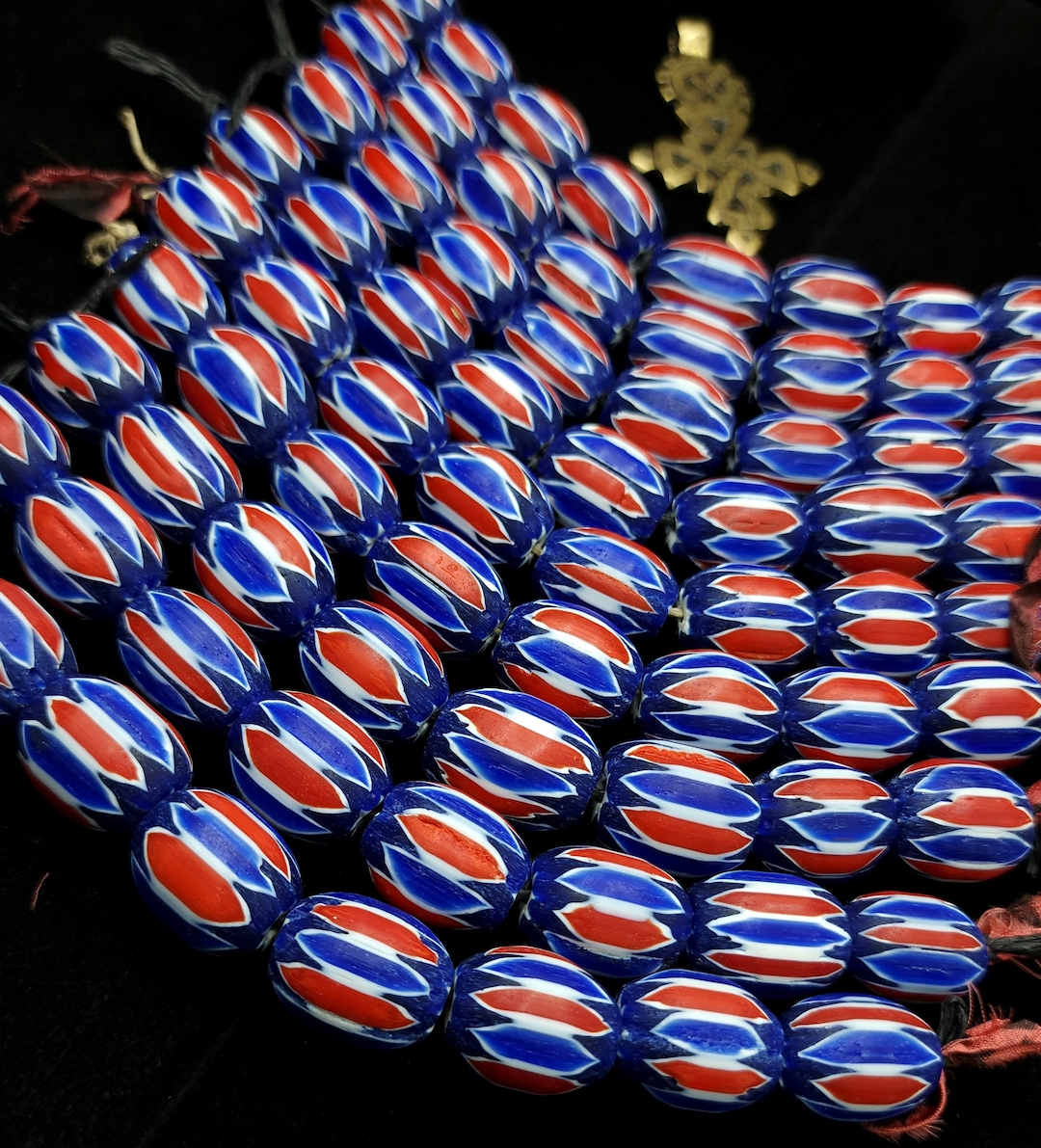 Large Chevron Beads, Strand With 8 Beads Blue, White and Red 20-21 × 15 ...