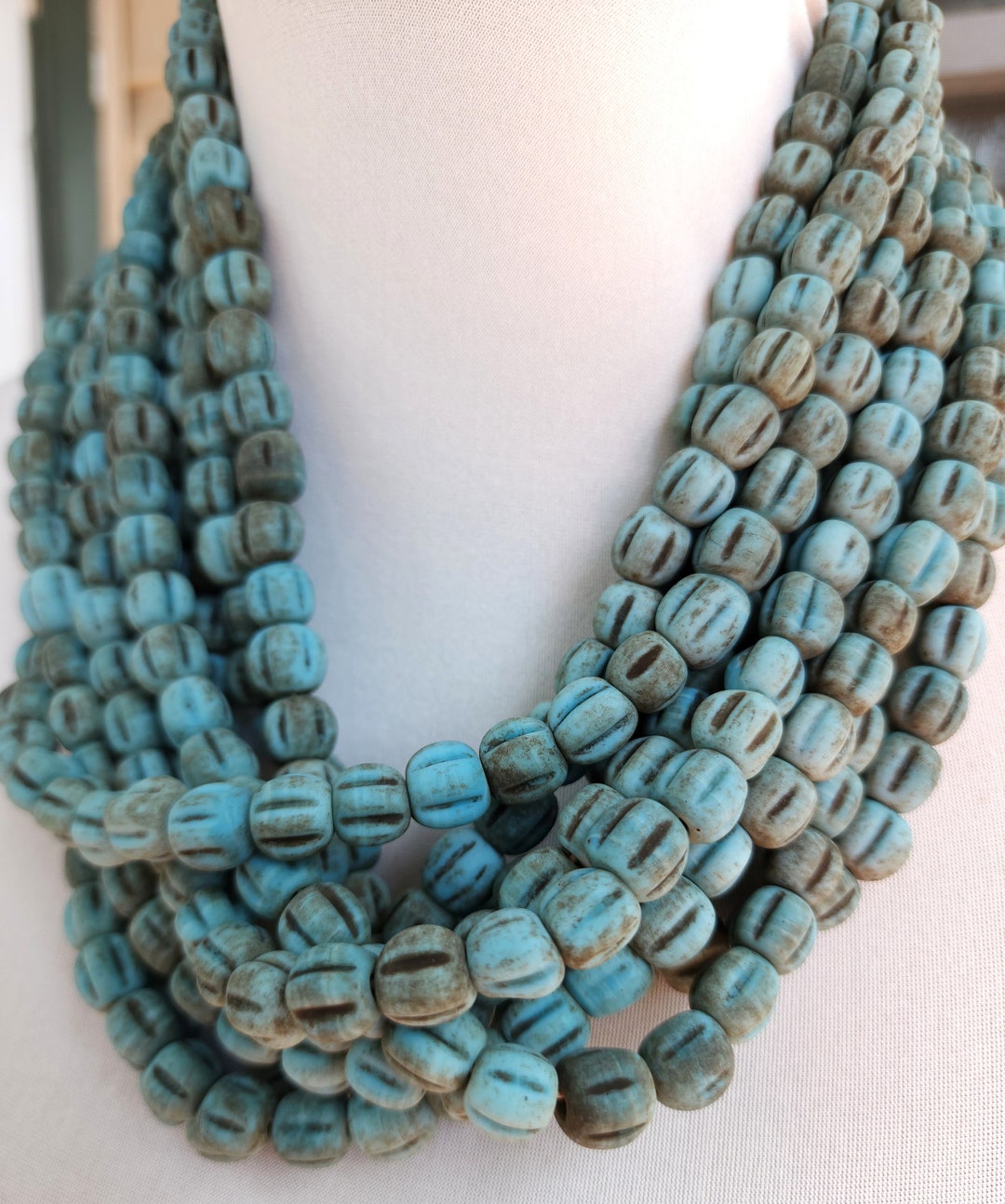 Blue Green Turquoise Melon Shaped Beads With Accent Rustic Old Look 12 ...