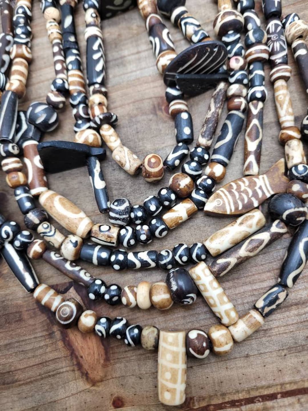 Beautiful Wide Variety Bone Beads Strand 14" Inches Long / Hand Carved ...