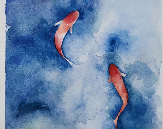 Original Watercolour Painting, Koi Fish, Blue, Wall Decor - Etsy