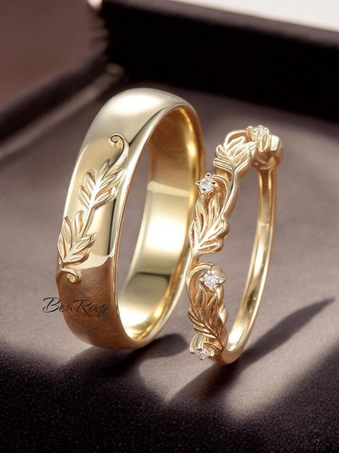 Oak Leaf Wedding Band Rings for Couple, Sparkling Sim. Diamond Wedding ...
