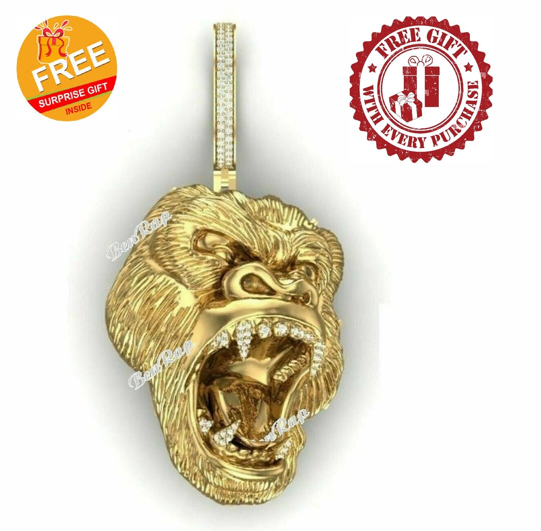 Angry Gorilla Roaring Animal Head Men's Pendant. 0.75 Ct Diamond. 14K ...