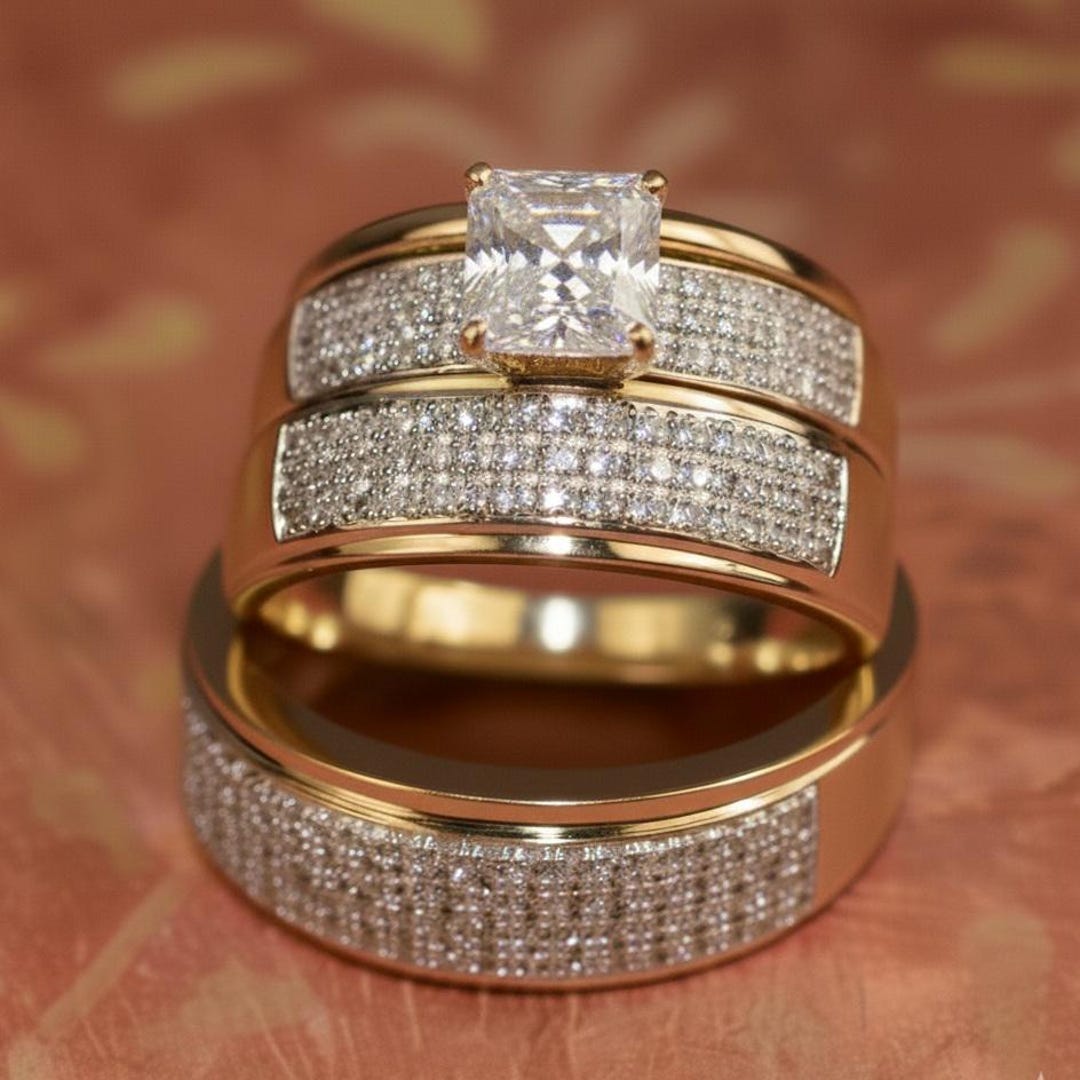 Simulated Diamond Trio Ring Set, 14K Yellow Gold Finish Sterling Silver ...