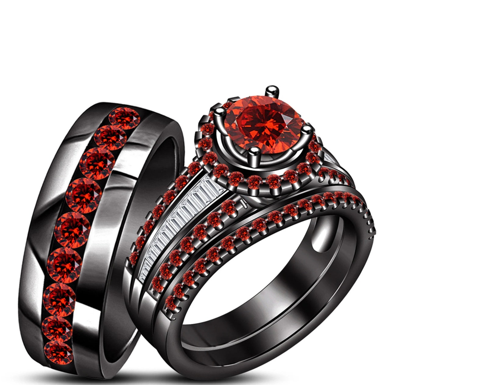 Round Cut Red Garnet His Her Wedding Ring Trio Set, Men's & Women's 14K ...