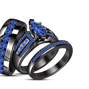 Trio Set Blue Sapphire Rings for Couples, 925 Sterling Silver His & Her ...