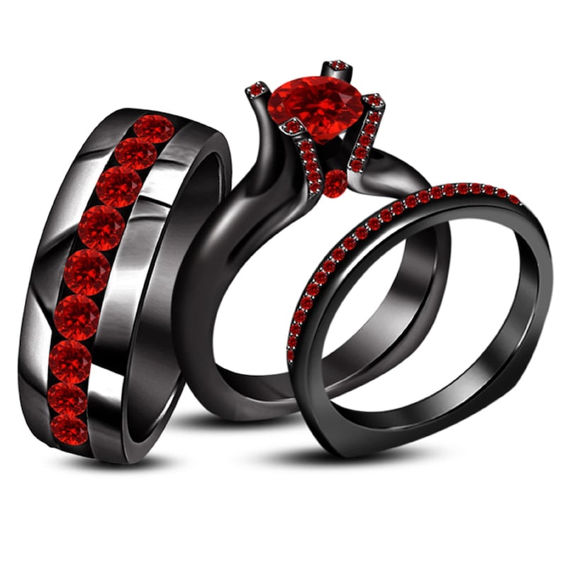 Red Garnet Couple's Engagement Ring Set, Artisanal Wedding Bands for ...