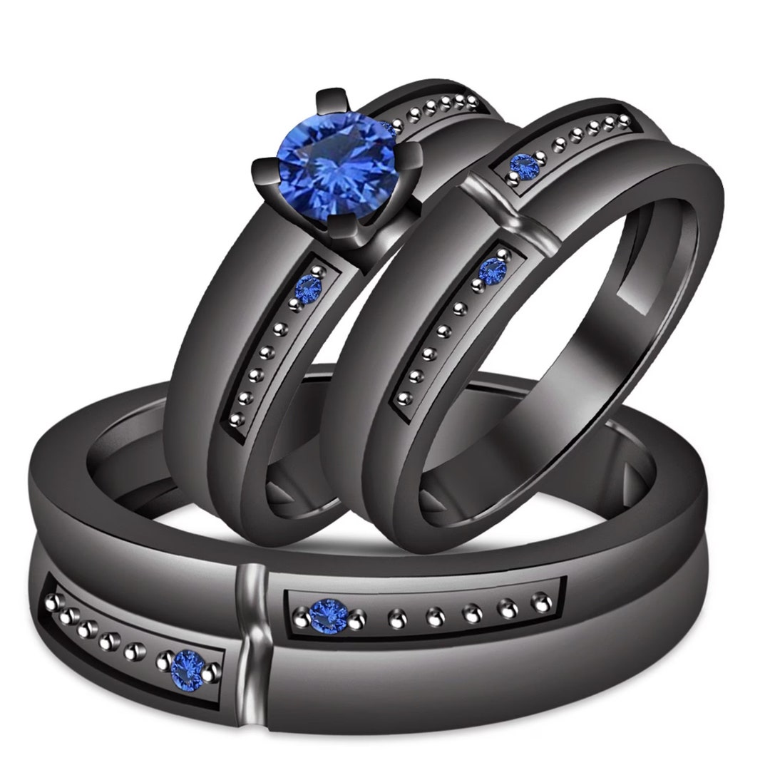 His Her Blue Sapphire Engagement Trio Ring Set for Men & Women 3 Piece ...