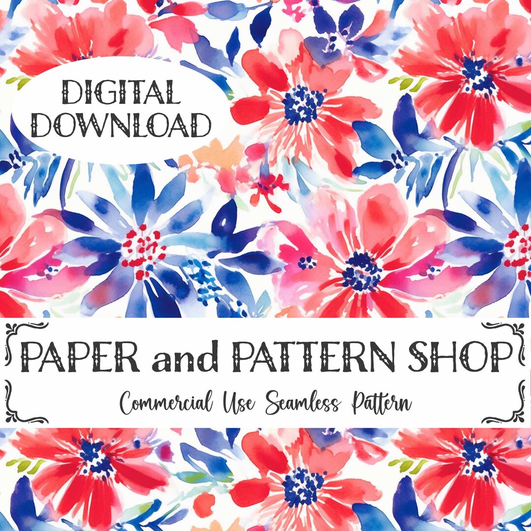 4th of July Watercolor Floral Seamless Pattern, Red White Blue Floral ...