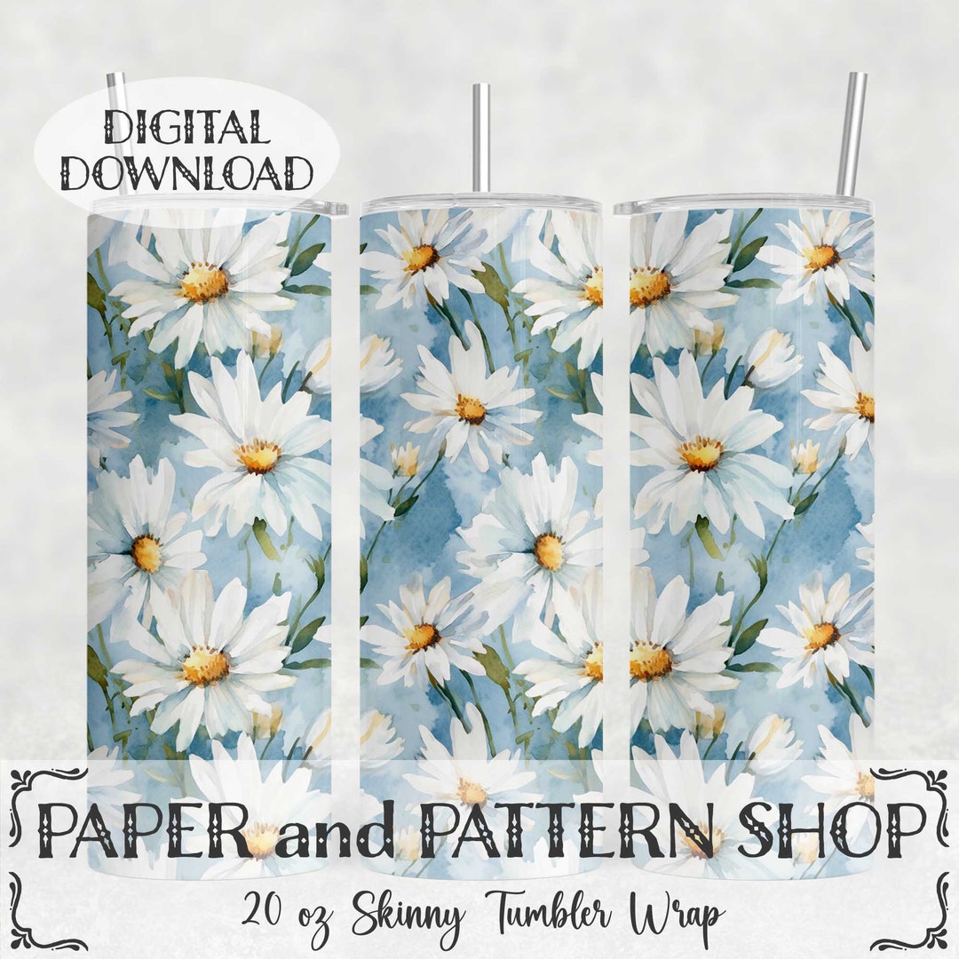Preppy Daisy Watercolor Floral 20 Oz Skinny Tumbler Sublimation Design ...