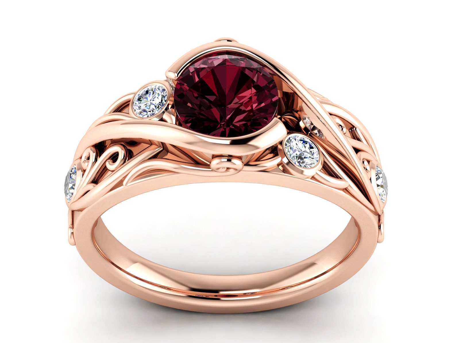 14k Gold Garnet Engagement Ring Unique Art Deco Garnet Wedding | Etsy