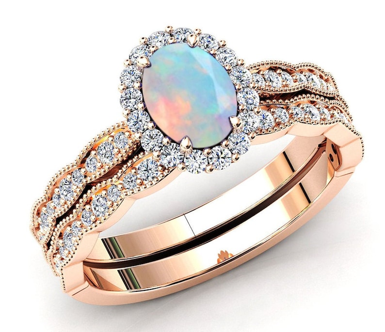 Australian Opal Bridal Wedding Ring Set Oval Opal Engagement Etsy