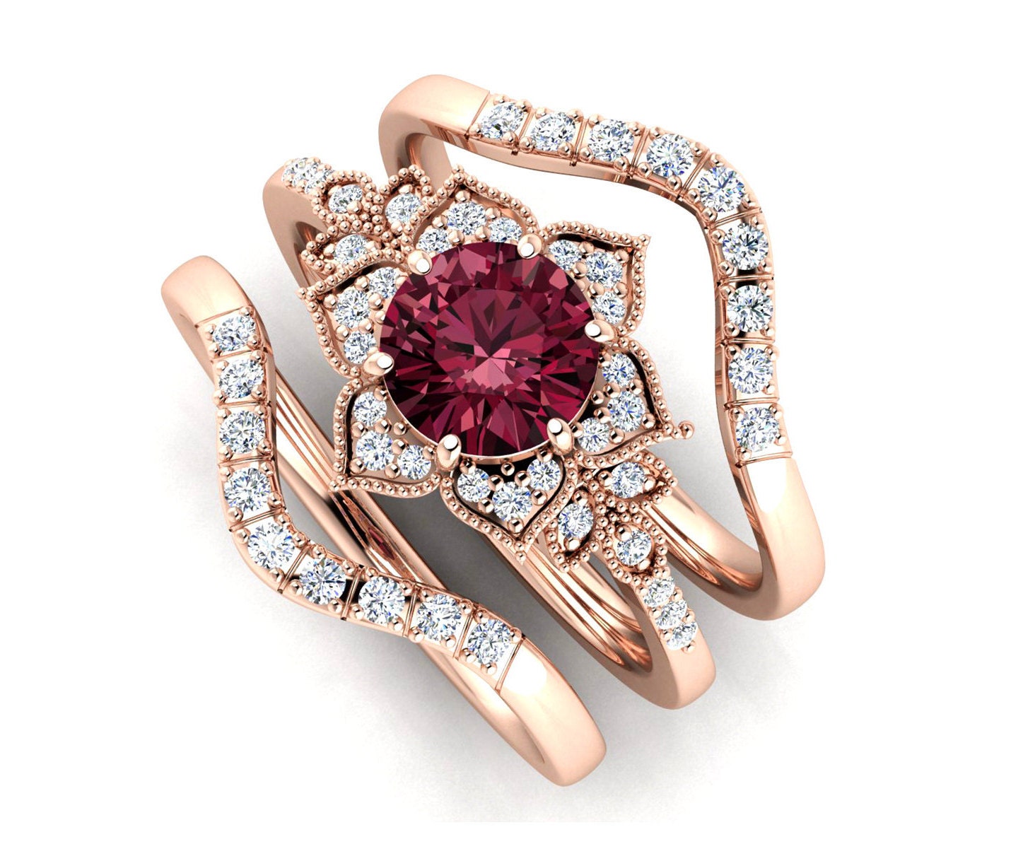 14k Rose Gold Garnet Wedding Set Art Deco Garnet Bridal Ring | Etsy