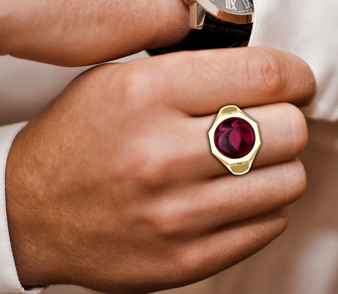 14k Gold Garnet Ring For Men 14k Gold Signet Ring For Men 14k | Etsy