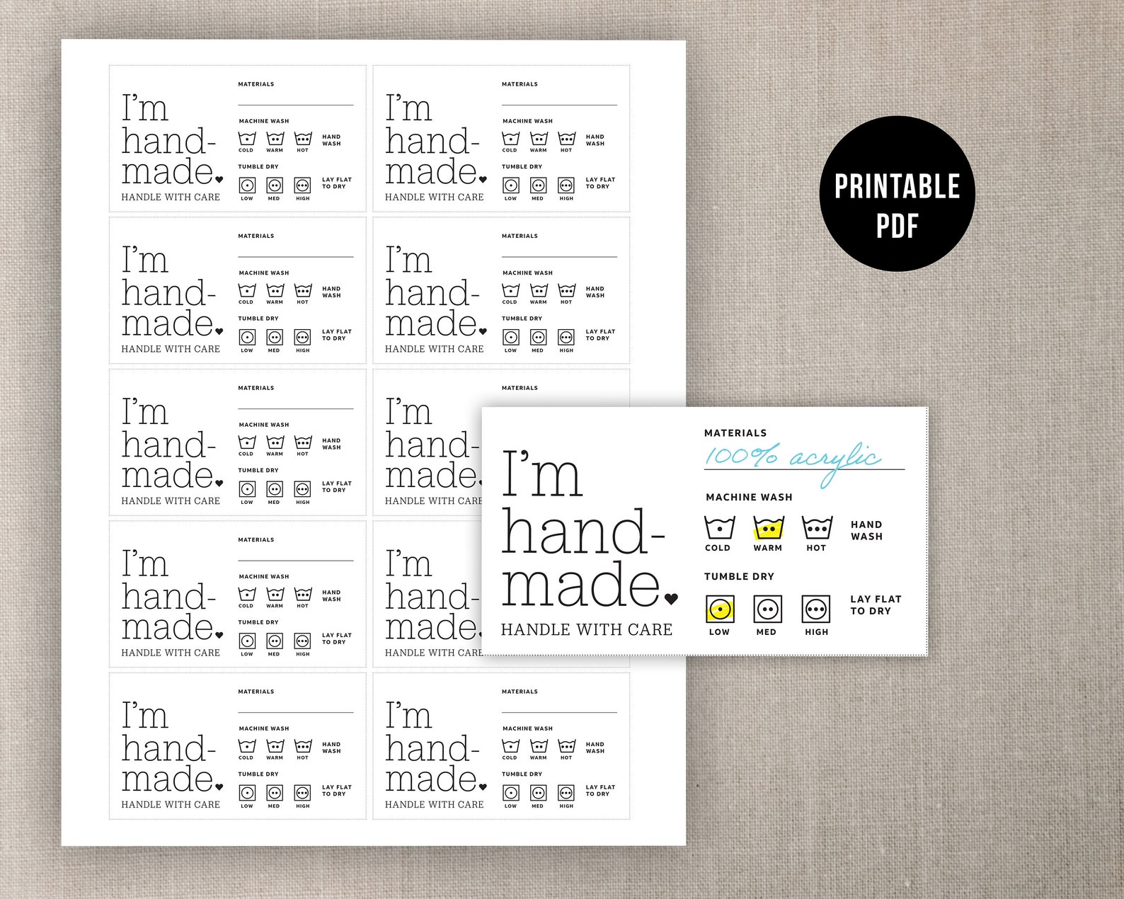 Im Handmade Printable Care Tags Labels PDF Only - Etsy