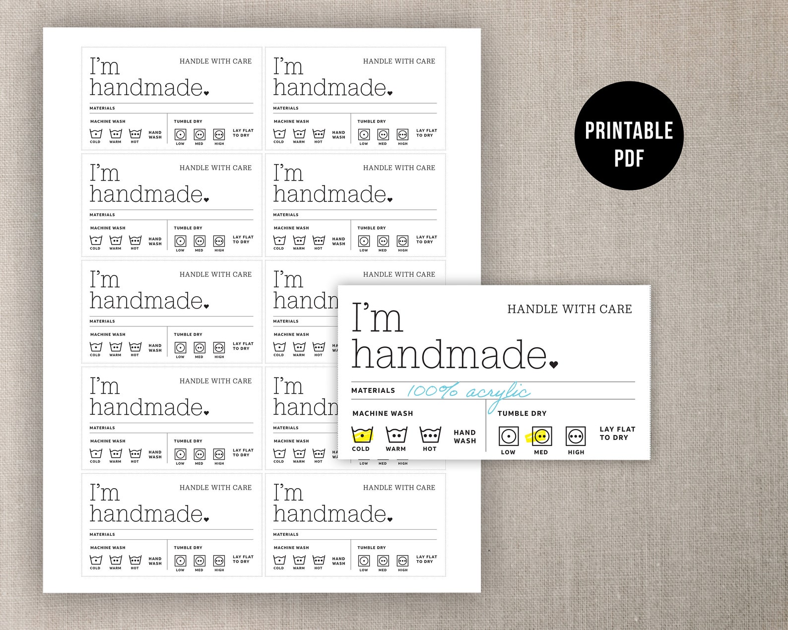 Im Handmade Printable Care Tags Labels PDF Only - Etsy
