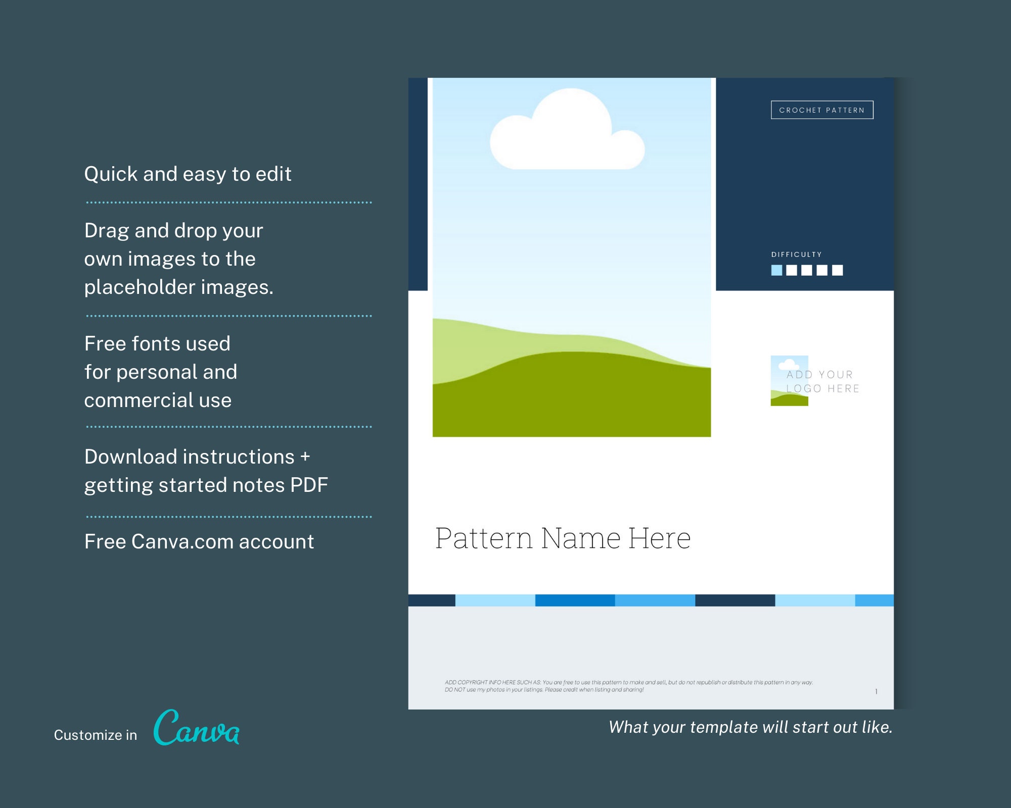 Crochet Knit Canva Pattern Template Blue Stripes Digital - Etsy