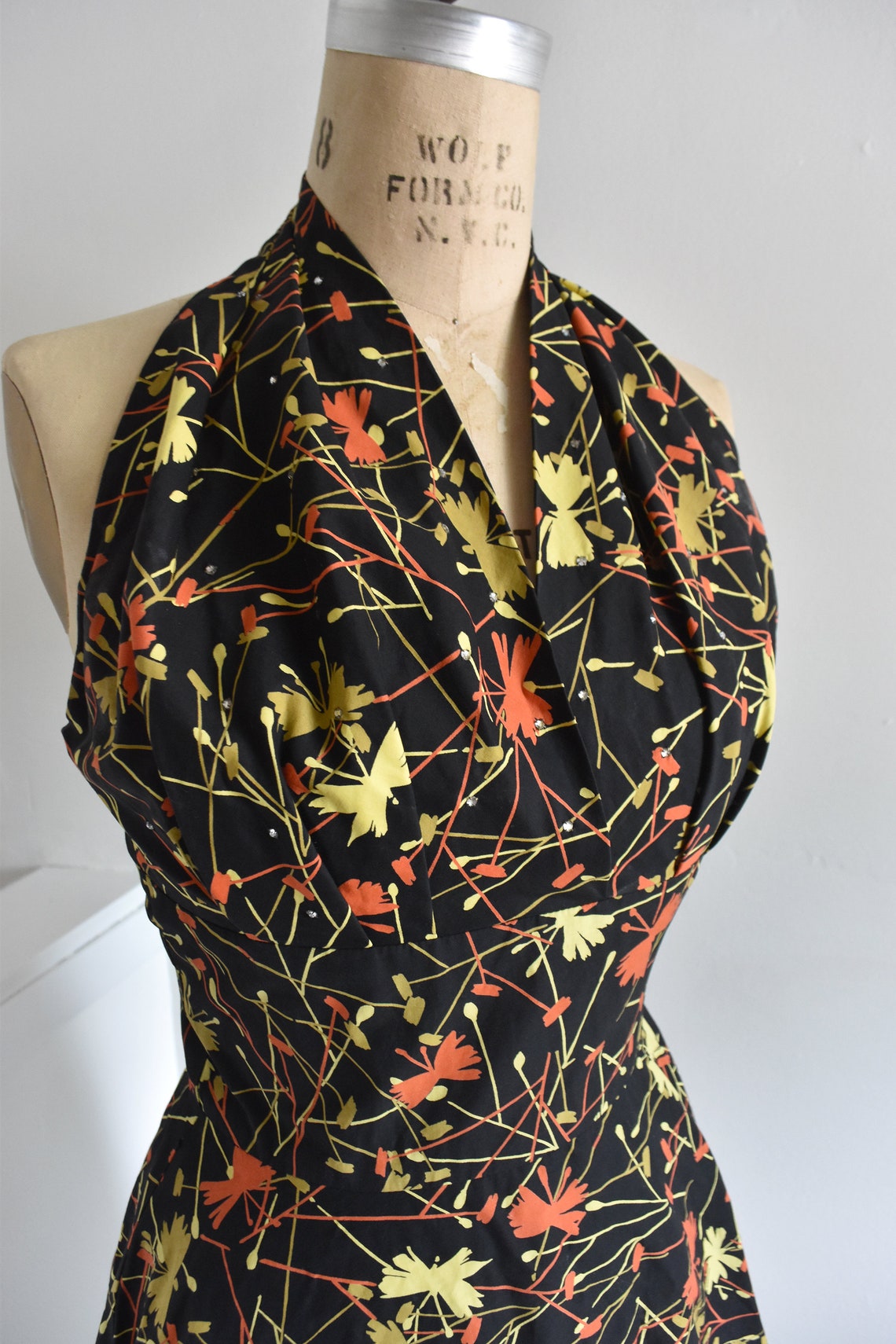 50s VTG Atomic Print Halter Dress With Rhinestone - Etsy