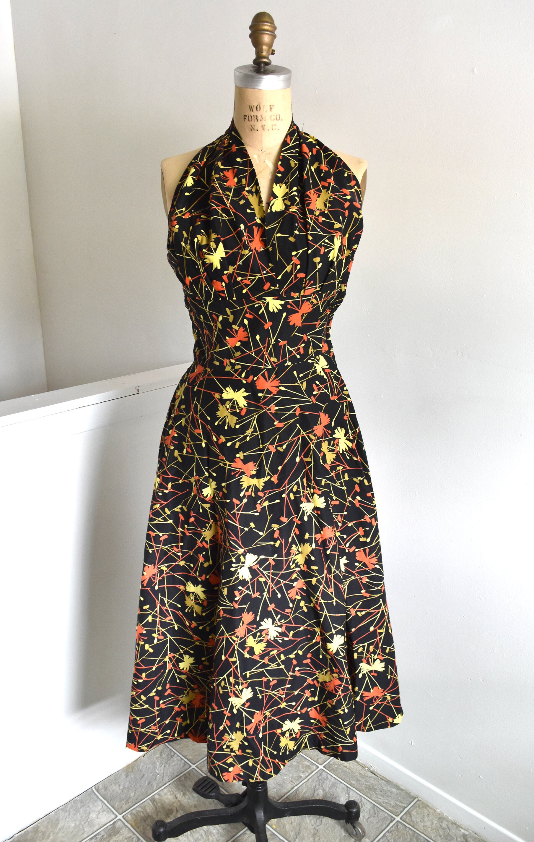 50s VTG Atomic Print Halter Dress With Rhinestone - Etsy