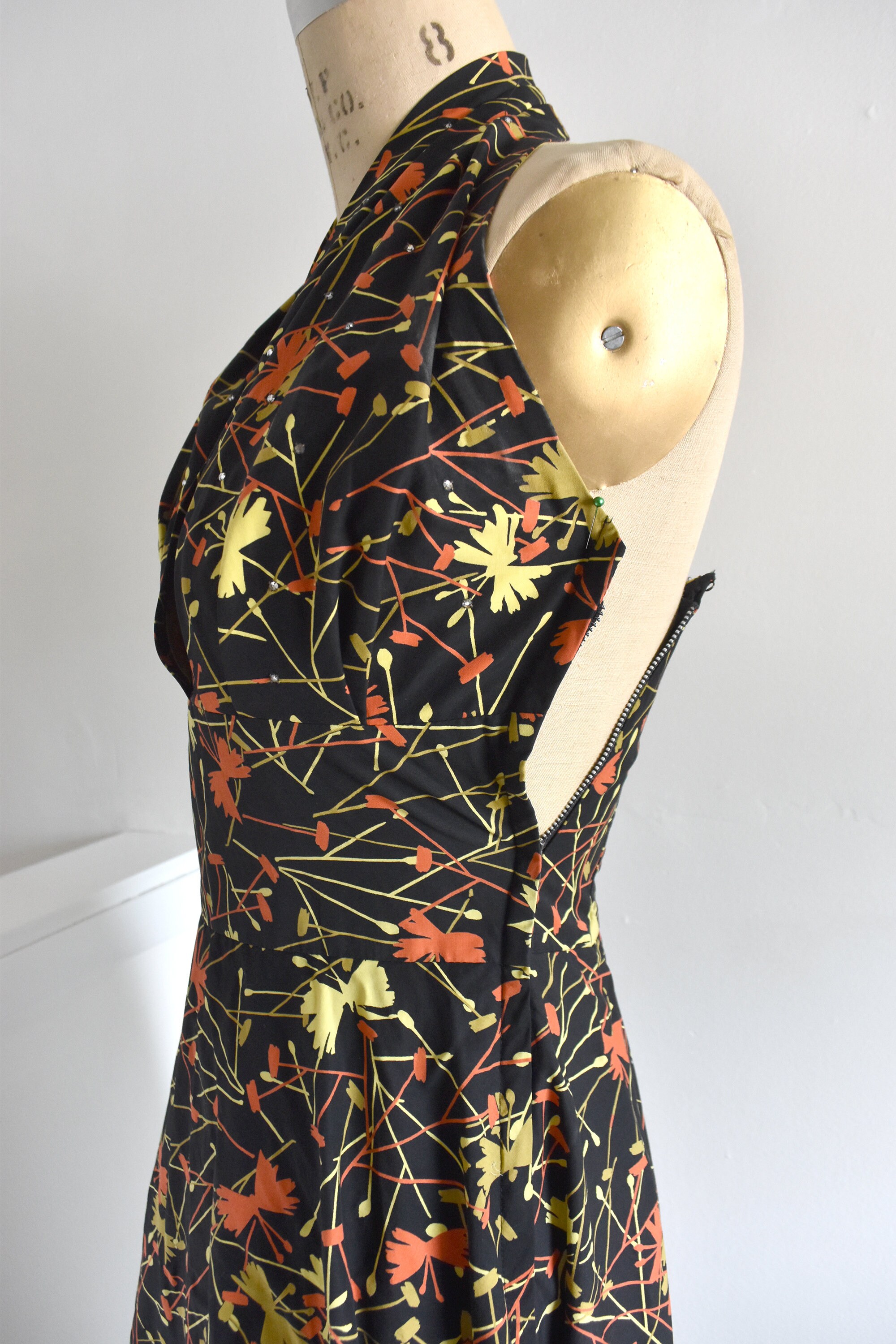 50s VTG Atomic Print Halter Dress With Rhinestone - Etsy