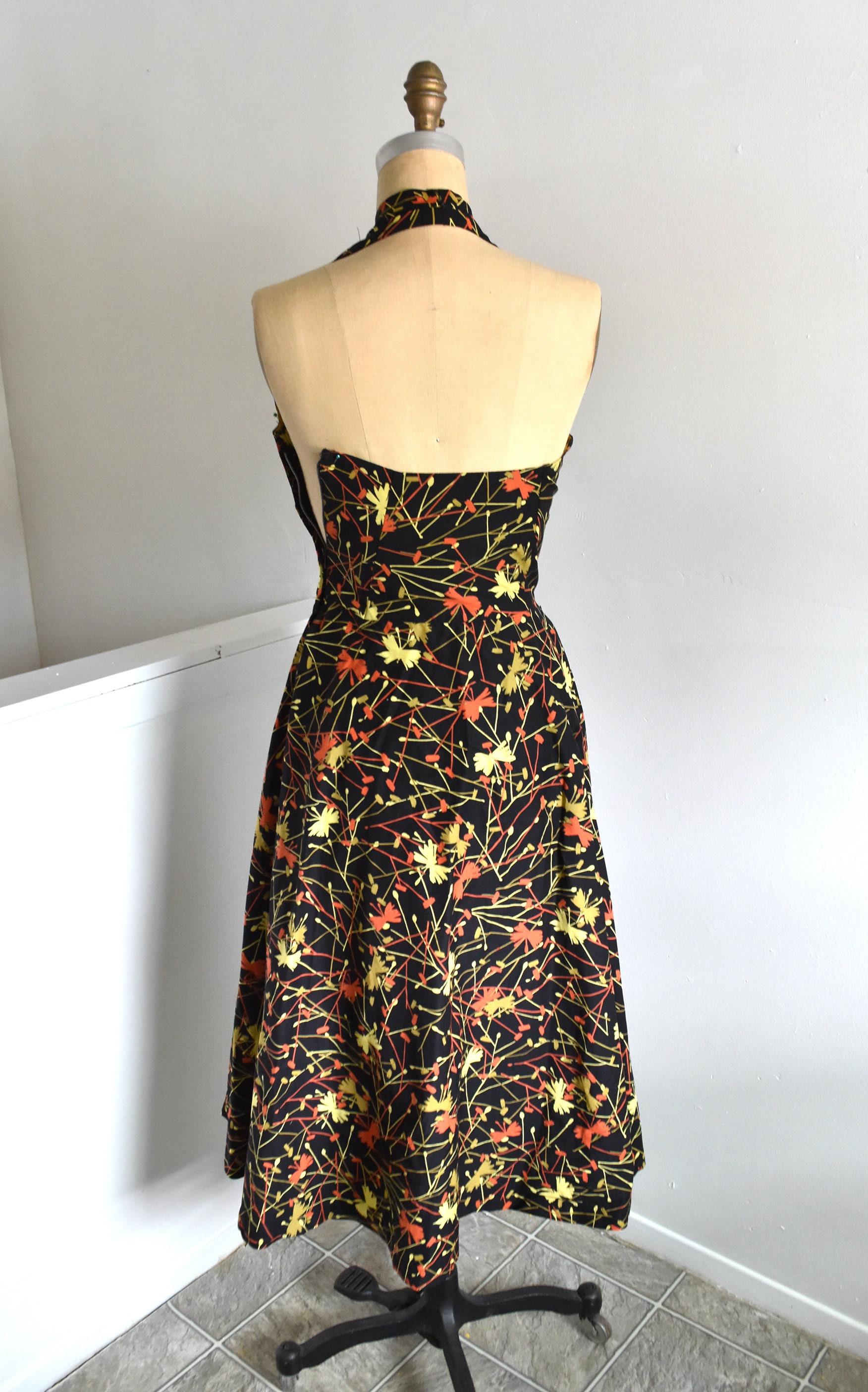 50s VTG Atomic Print Halter Dress With Rhinestone - Etsy