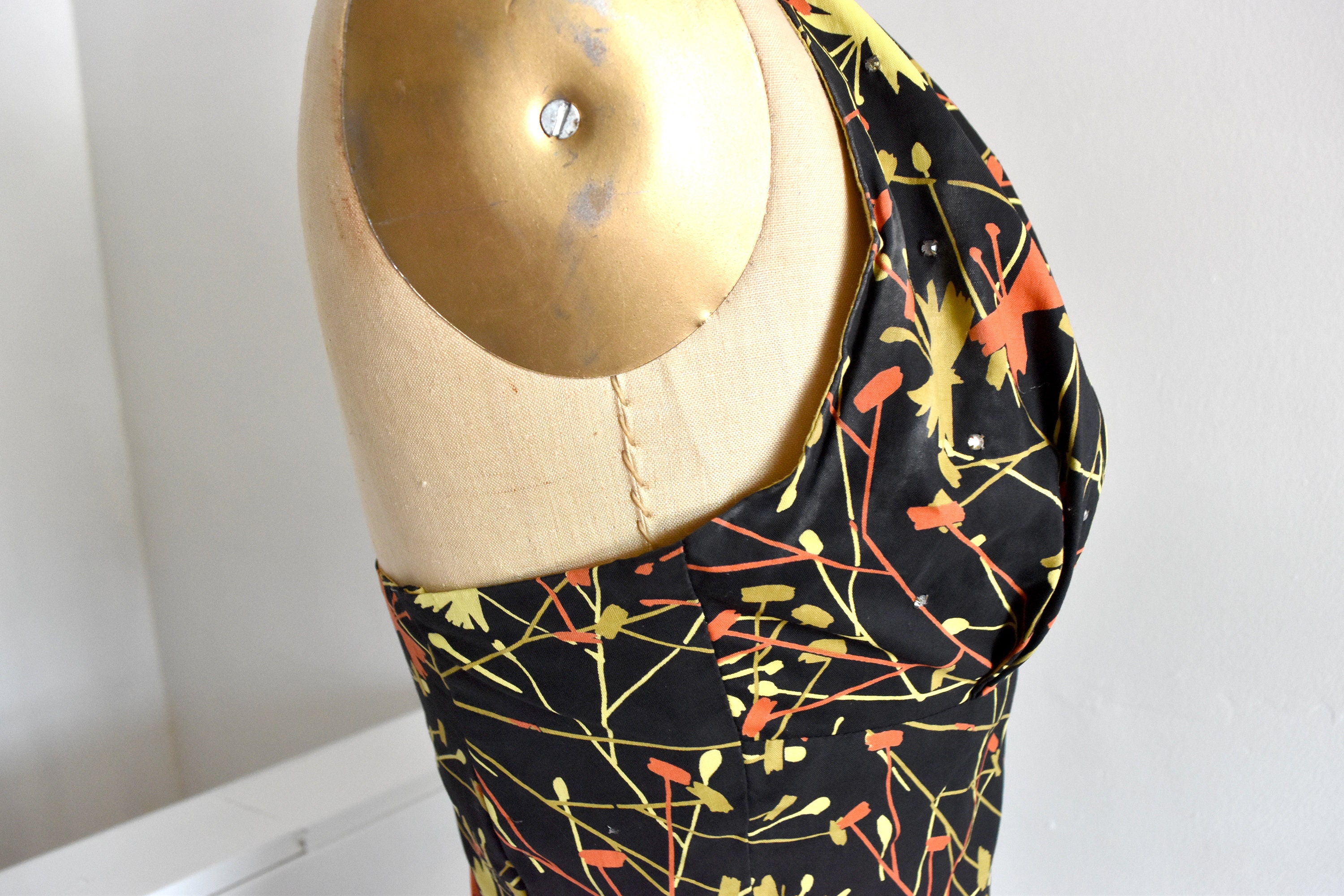 50s VTG Atomic Print Halter Dress With Rhinestone - Etsy