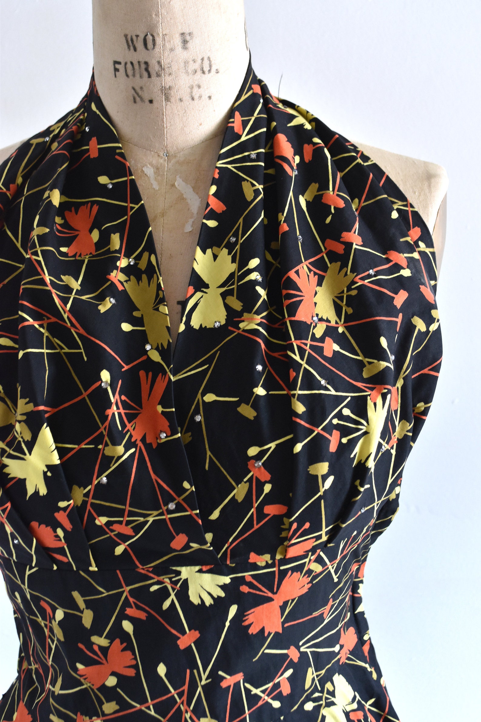 50s VTG Atomic Print Halter Dress With Rhinestone - Etsy