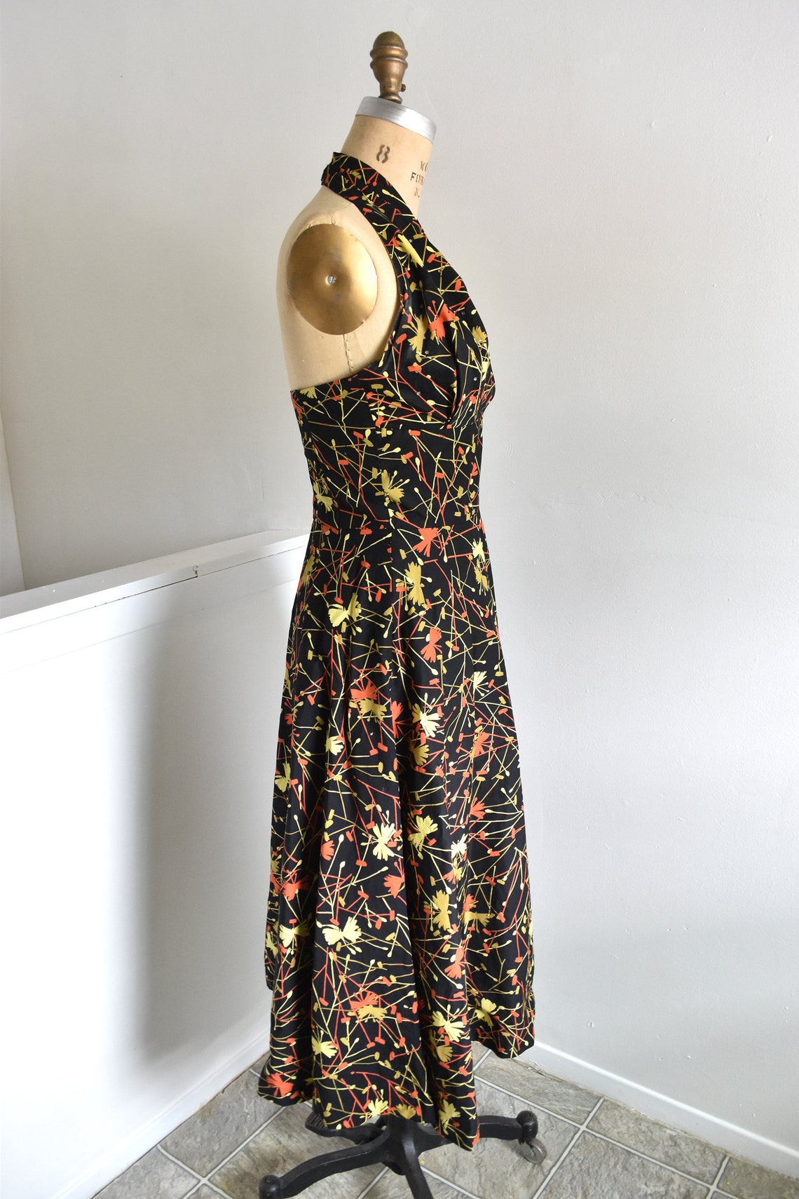 50s VTG Atomic Print Halter Dress With Rhinestone - Etsy