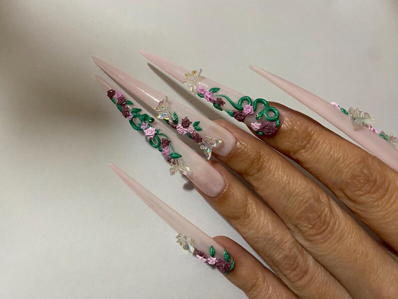 3D Rose Snake Stiletto Press-on Nails | Fantasy Handmade Nail Art - Etsy