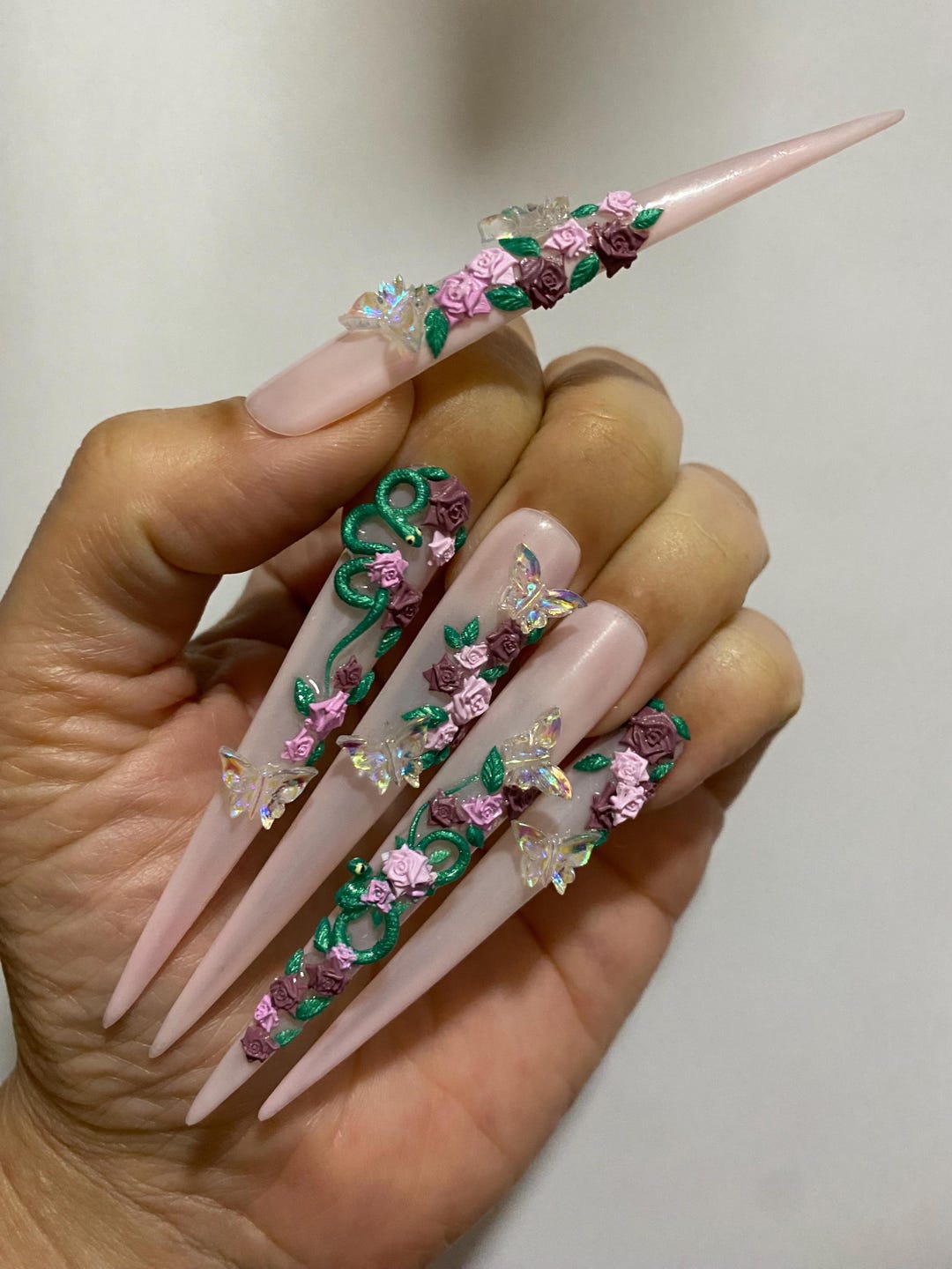 3D Rose Snake Stiletto Press-on Nails | Fantasy Handmade Nail Art - Etsy