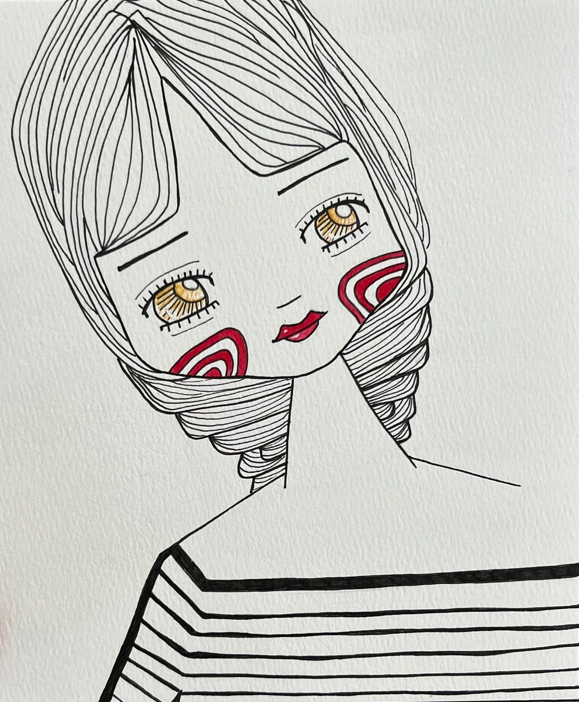 Watercolor Ink Line Drawing Painting Illustration Girl Red Cheeks ...