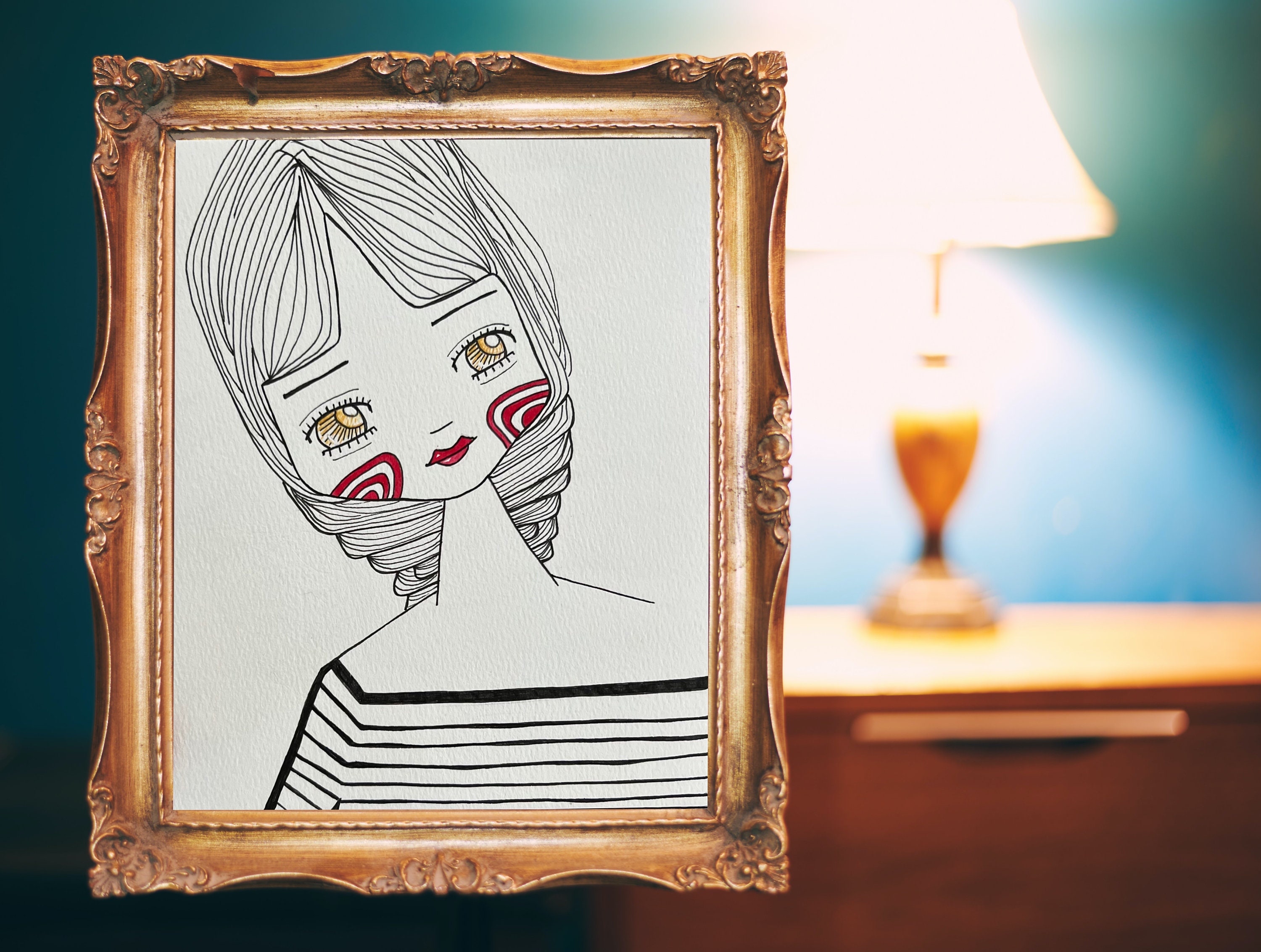 Watercolor Ink Line Drawing Painting Illustration Girl Red Cheeks ...
